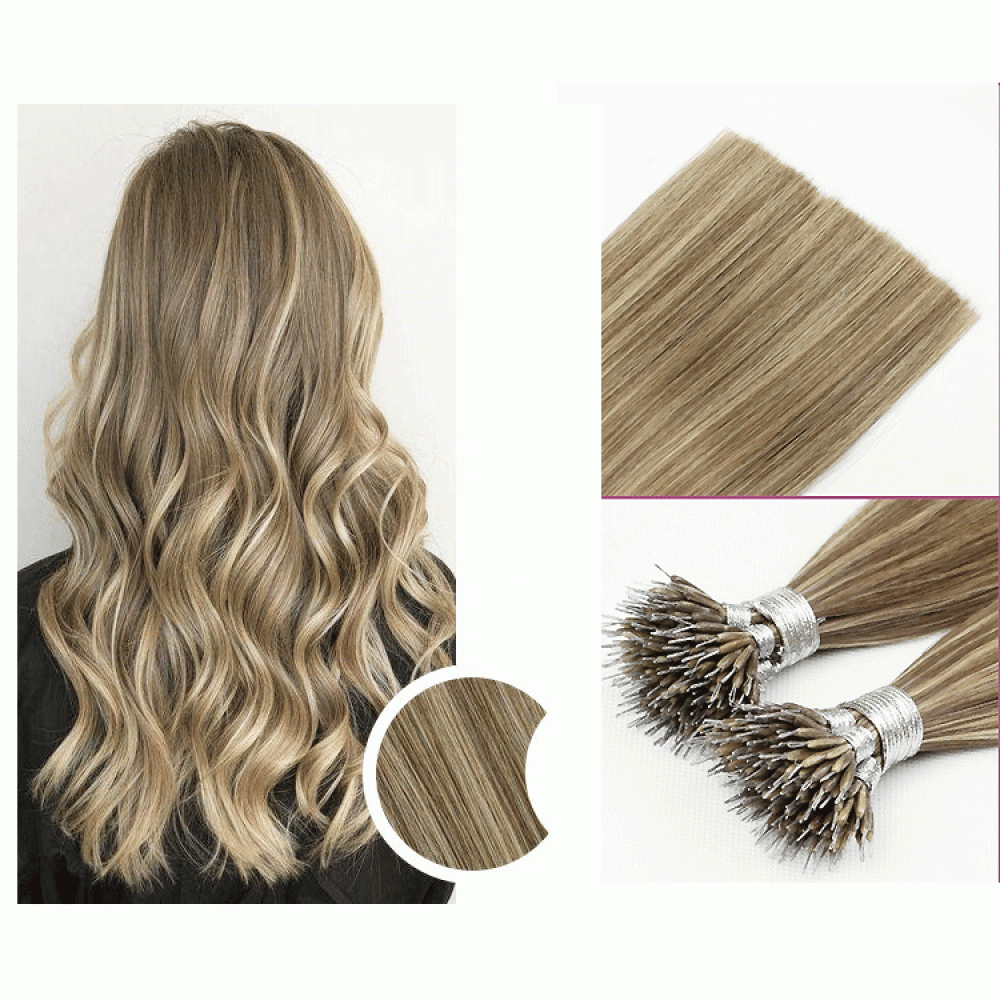 #8/18 ASH BROWN/ASH BLONDE Nano Tip/Ring Highlight Hair Extension ...